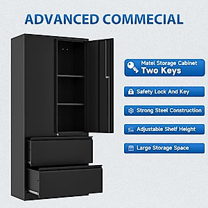 heycode File Cabinet with 2 Drawers - Metal Vertical Lateral Filing Storage Cabinet with Lock - Storage Cabinet with File Cabinet for Home Office Hanging Files Legal/Letter/A4 Size (Black, 2 Drawers)