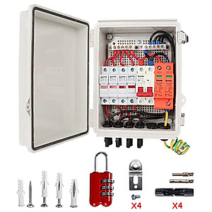 BAYM IP65 4 in 1 Out 15A 4 String Solar PV Array Plastic DC Combiner Box,4Pair Solar Connectors, Lightning Surge Protection, 63A 6ka MCB Lock Indicator,Waterproof Ventilation Valve