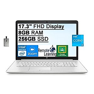 2022 HP 17.3" FHD Laptop Computer, 11th Gen Intel Core i3-1115G4 Processor, 8GB DDR4 RAM, 256GB PCIe SSD, Intel UHD Graphics, HD Camera, HDMI, Bluetooth, Windows 11, Silver, 32GB SnowBell USB Card