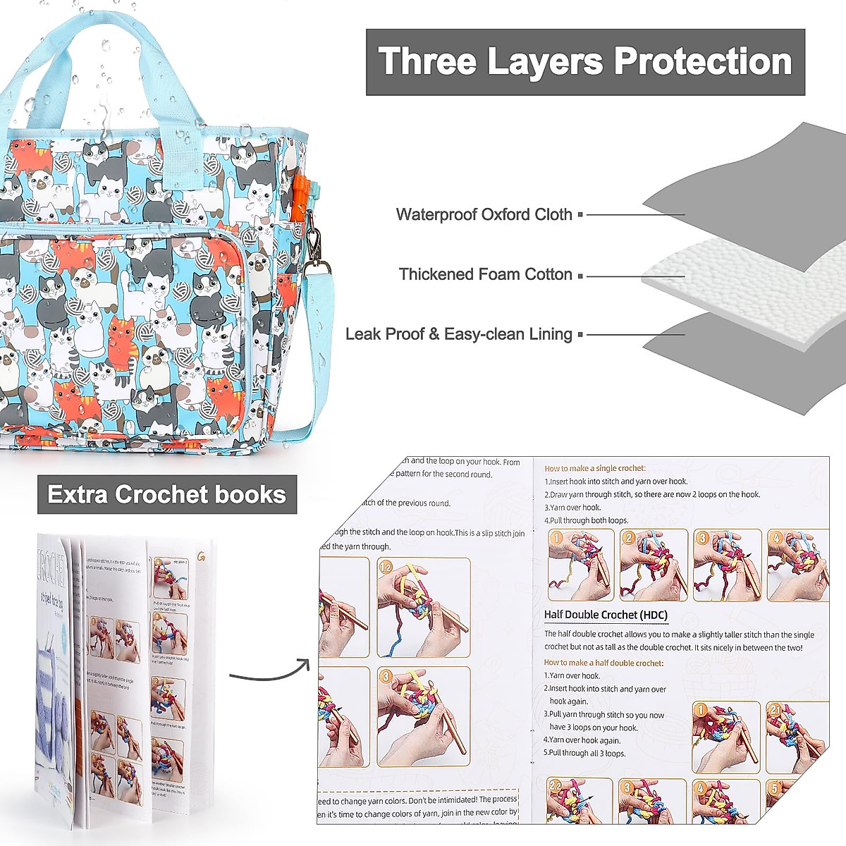 Katech Upgraded Crochet Bag Organizer Yarn Storage Bag with Beginner Crochet Books, Crochet Tote Bags Knitting Bag Yarn Bags for Crocheting Crochet Accessories Knitting Crochet Supplies (Multipocket)