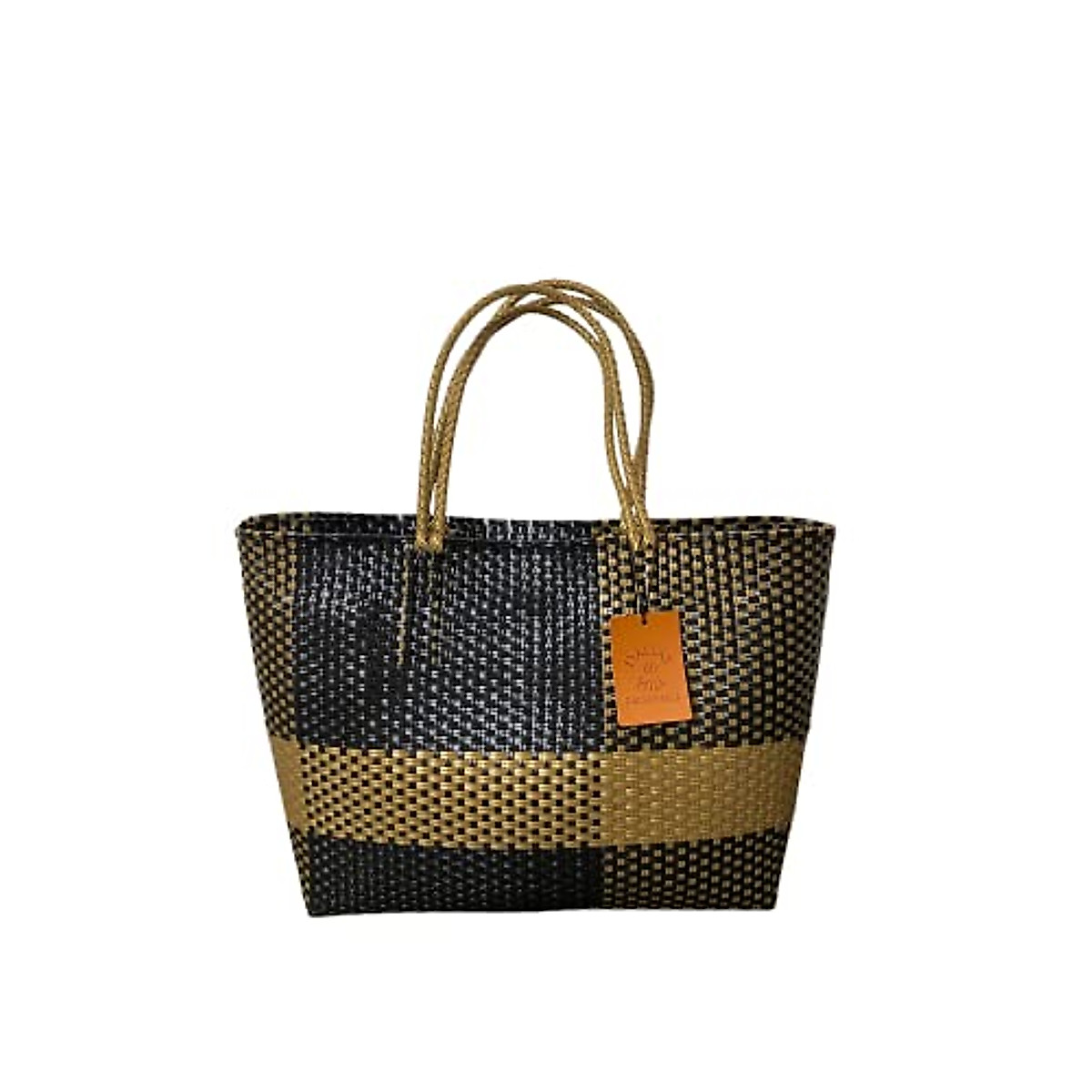 Dallas Hill Designs Handwoven Super Tote Bag for Women | Recycled Plastic Shoulder Purse | Summer Beach, Pool, and Travel Handbag (Black & Gold)