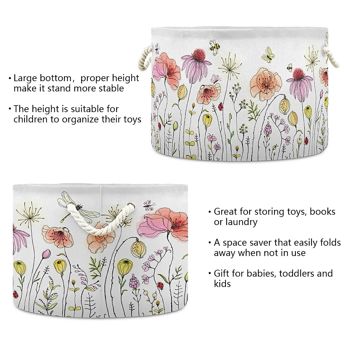 xigua Cotton Rope Basket Colorful Wildflowers Baby Laundry Basket Blanket Kids Toy Storage Basket Glove Box