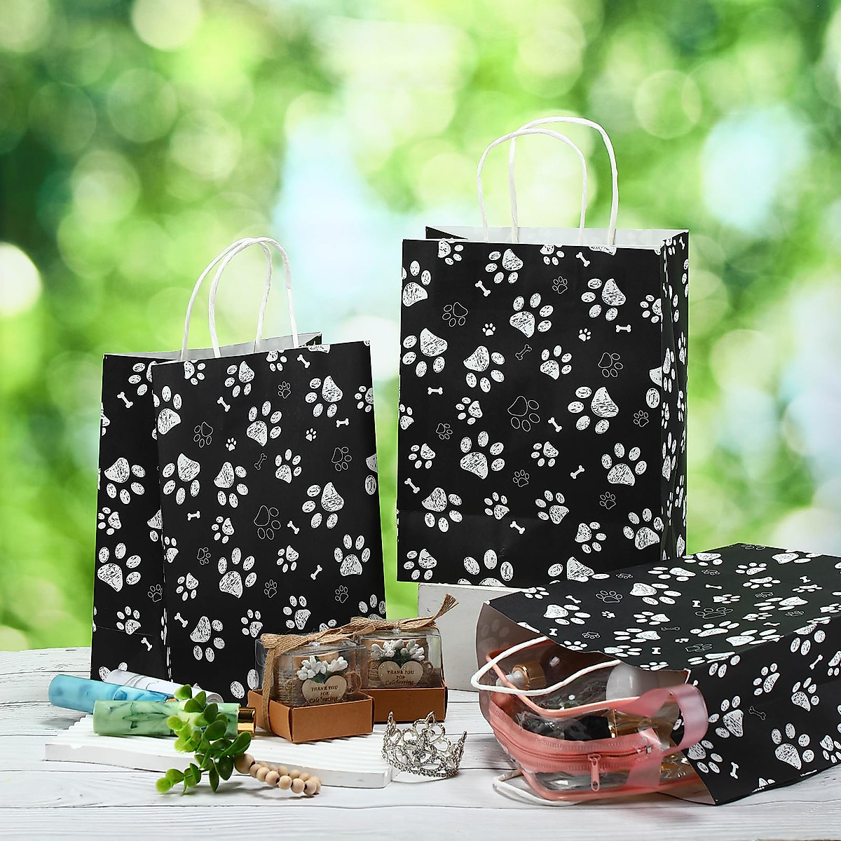 Locmeo 50 Pcs Puppy Dog Paw Print Gift Bags with Paper Twist Handles 10.6x 8.3 x 4.3 Inch Kraft Dog Treat Paper Bags Dog Paw Print Goodie Bags for Pet Treat Party Favor Birthday Gift (Black)