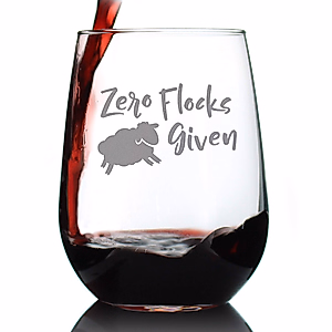 Zero Flocks Given Sheep - Funny Stemless Wine Glass - Cute Farm Animal Gifts for Women - Fun Lamb Decor - Large