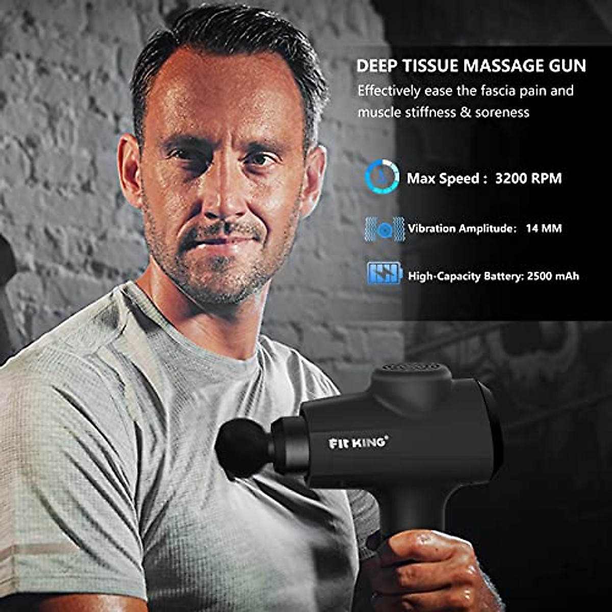FIT KING Massage Gun Deep Tissue Percussion Muscle Massage Gun for Athletes to Relieve Soreness and Fast Recovery LCD Touch Screen 6 Massage Heads 20 Speed Levels FT-025G