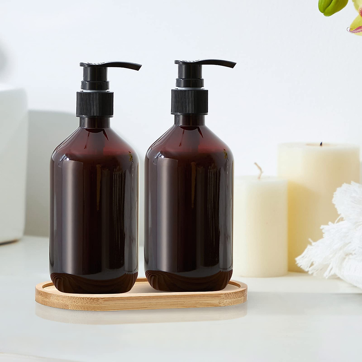 Bamboo Soap Dispenser Tray, Multi Use Bathroom Counter Tray, Rounded Edges Bamboo Oil and Vinegar Glass Bottle Tray for Dresser Counter Head Ornament Tissues Candles