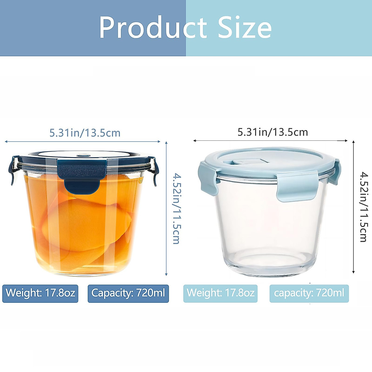 3-Cup/24 Ounce Glass Food Storage Containers, Round Glass Soup Container with Airtight Lids, Leak-proof Soup Stew Food Storage and Meal Prep Container, Microwave Freezer Safe, 2pcs(Blue+Dark Blue)