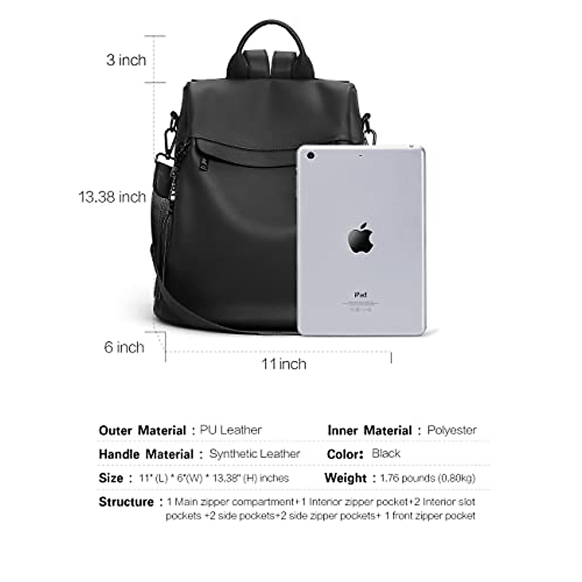 Telena Backpack Purse for Women, PU Leather Anti Theft Travel Backpack Purse Shoulder Bags with Tassel Pure Black