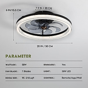 LUDOMIDE Ceiling Fans with Lights, 20" Low Profile Ceiling Fan with Light Remote Control, Flush Mount Fandelier Ceiling Fan 6 Wind Speeds 3 Color Changeable for Bedroom, Kitchen and Kids Room (Black)