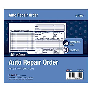 Adams Auto Repair Order Forms, 8.5 x 7.44 Inch, 3-Part, Carbonless, 50-Pack, White and Canary (GT3870)
