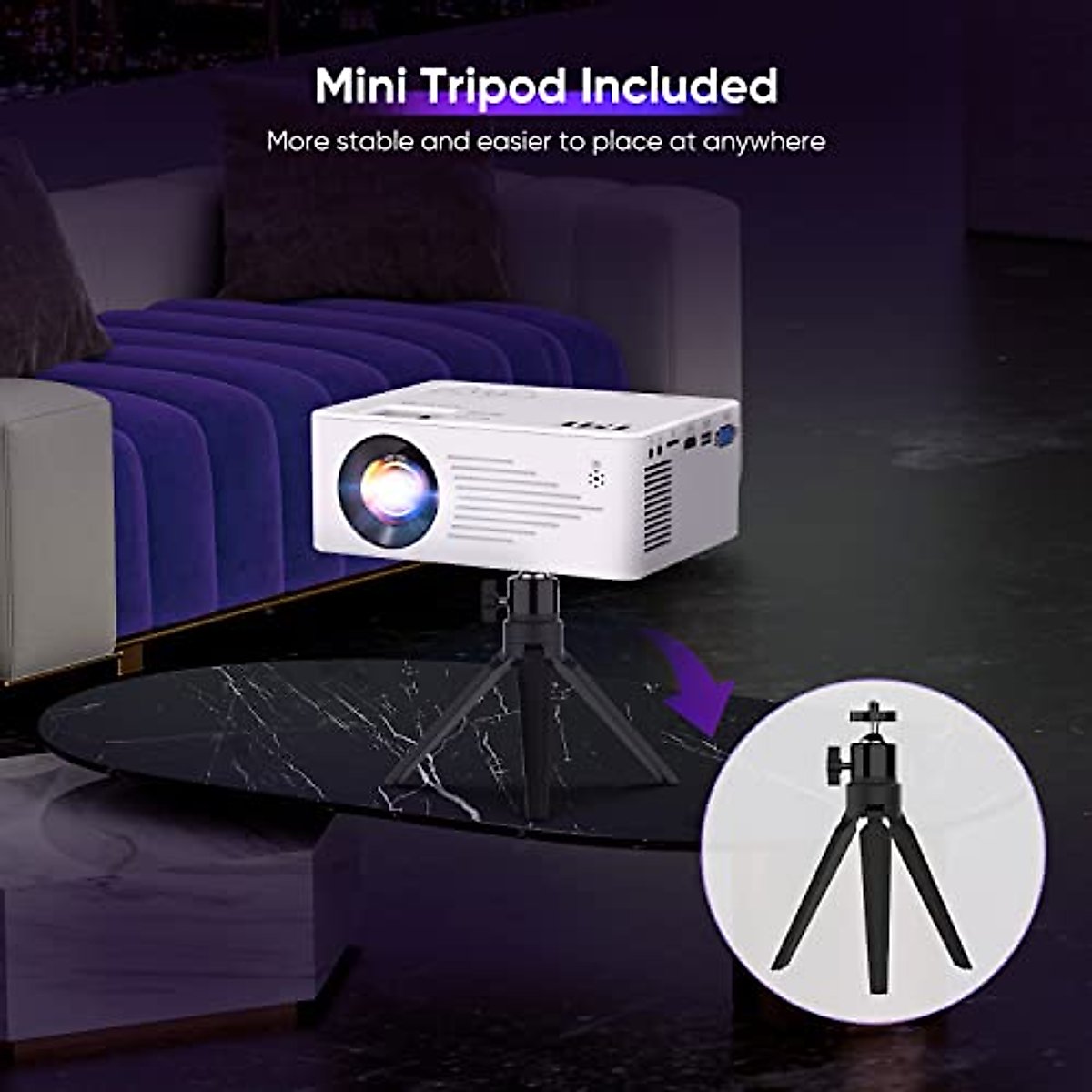 TMY Mini Projector for iPhone, Portable Projector with 5G WiFi and Bluetooth, 1080P HD Projector【with Tripod】, Movie Projector for iOS/Android/PC/TV Stick/HDMI/AV/USB, Indoor & Outdoor use