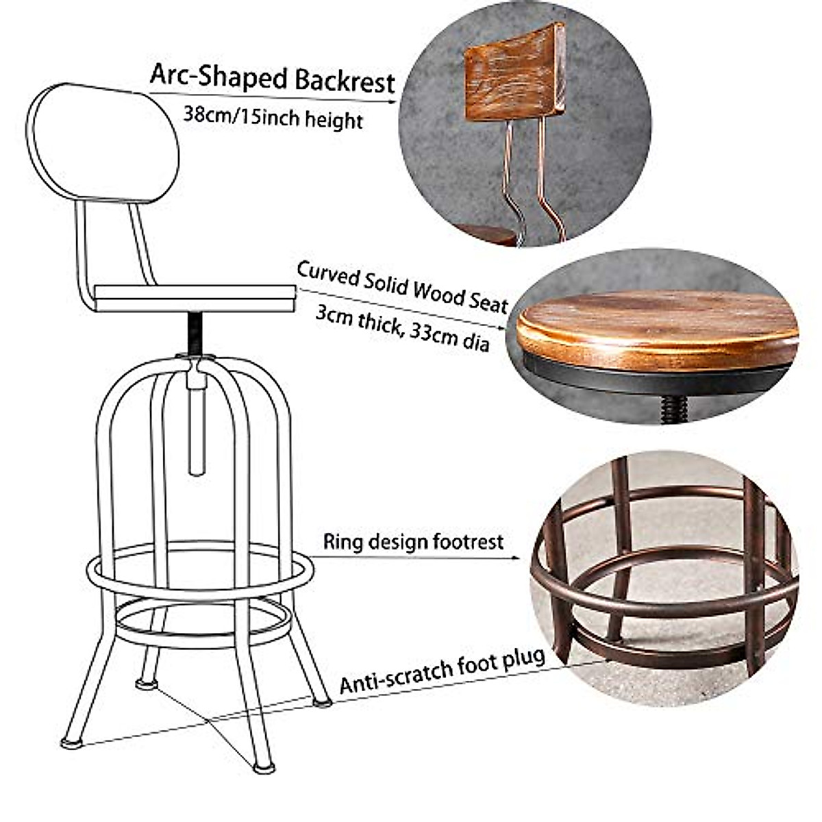 Set of 2-Industrial Bar Stools-Swivel Wooden Seat-Bar Counter Height Adjustable 26-32.2inch-Kitchen Dining Chairs