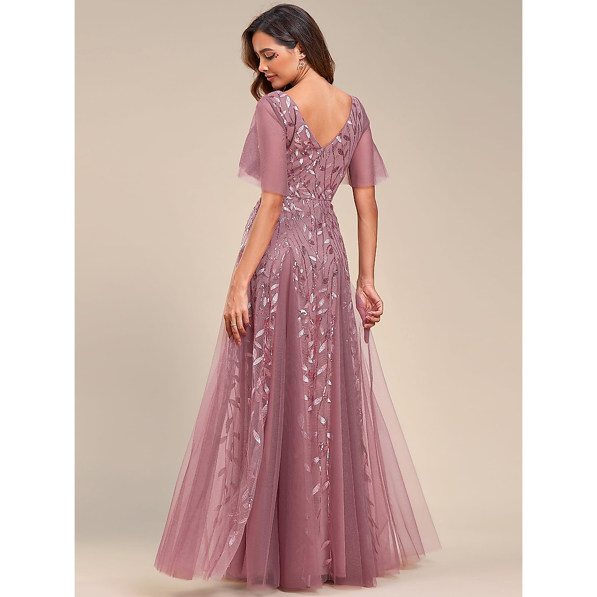 Ever-Pretty Women's Sequin Sparkly V-Neck Short Sleeve Maxi Evening Dress Prom Gowns Orchid US12