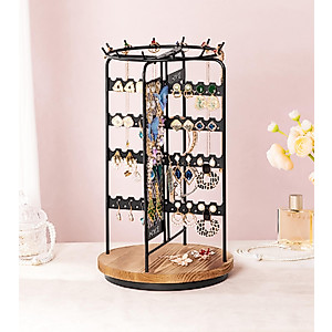Homde 360 Rotating Jewelry Stand Hold up to 48 Pairs of Earrings and 34 Necklaces Jewelry Tower Tree Earring Necklace Bracelet Display Organizer with Solid Wood Base (Brown + Black)