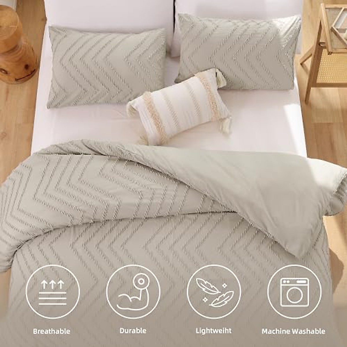 YIRDDEO Oatmeal King Size Comforter Set 3Pcs, Boho King Comforter Set Farmhouse King Size Bedding Set, Vertical Tufted King Bed Set, Lightweight Neutral King Bedroom Set (1 Comforter 2 Pillowcase)