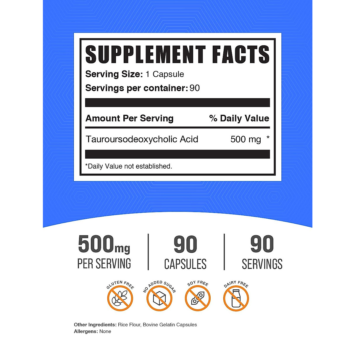 BulkSupplements.com TUDCA Capsules - TUDCA Supplement, Tauroursodeoxycholic Acid, TUDCA 500mg for Liver Support - Gluten Free, 1 Capsule per Serving, 90 Capsules (Pack of 1)