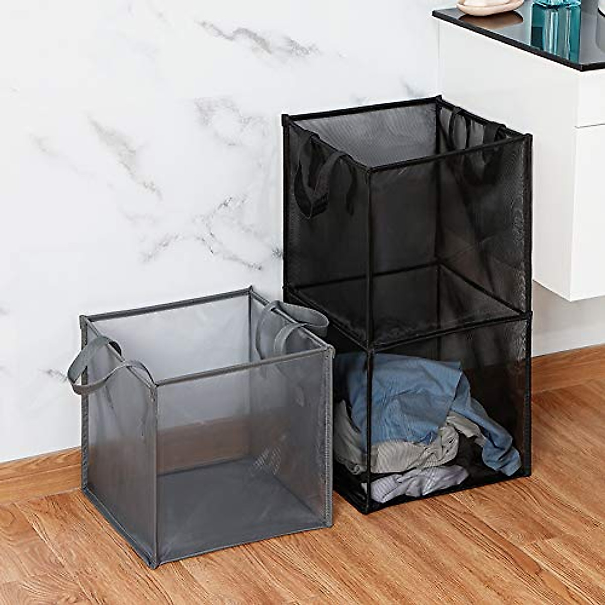 Laundry Hamper Bag with Handles,Portable &Collapsible Dirty Clothes Mesh Basket Foldable for Washing Storage, Kids Room,Dorm or Travel (Black, Single-Layer)