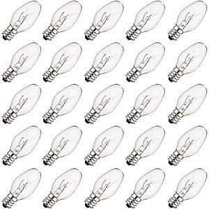 25 Pack Clear Night Light Bulbs, 7 Watt Salt Lamp Light Replacement Bulbs, Plug-in Incandescent Night Light Bulbs, E12 Candelabra Base, 120 Volt