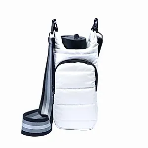 WanderFull Crossbody HydroBag - Water Bottle Holder - Quilted Bottle Bag - Water Bottle Carrier with Strap - Stylish Puffer Tote for Water Bottle (White Glossy with Interchangeable Strap)