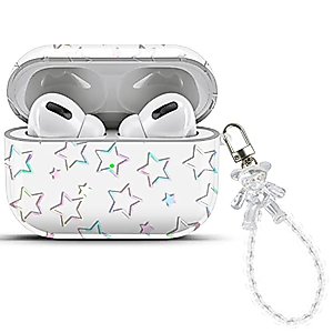 Maxjoy Compatible AirPods Pro Case Cover, Clear Laser Glitter Case for Women Girls Cute Soft Cover with Bear Bracelet Keychain Designed for Apple AirPods Pro Charging Case 2019, Star