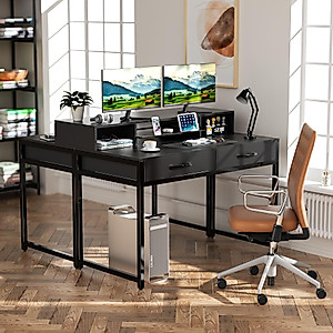 VEELOK Computer Desk with Drawers, 47" Home Office Desk with Monitor Shelf, Writing Desk with Storage, Gaming Desk Work Desk Study Desk for Bedroom, Black