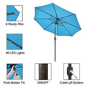 Patio Watcher 11-Ft Patio Umbrella 40 LED Lighted Solar Umbrella with Push Button Tilt and Crank, Outdoor Umbrella 8 Steel Ribs, Blue
