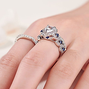 Newshe Engagement Wedding Ring Set 925 Sterling Silver 3pcs 3.0ct Pear Shape White Cz Blue Gemstone Size 7