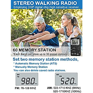 ZHIWHIS Portable Radio, AM FM Receiver with Sleep Timer, Rechargeable Stereo Radios with Digital Clock, DSP Tuner with Preset Function Pocket Walkmen for Walking Travel