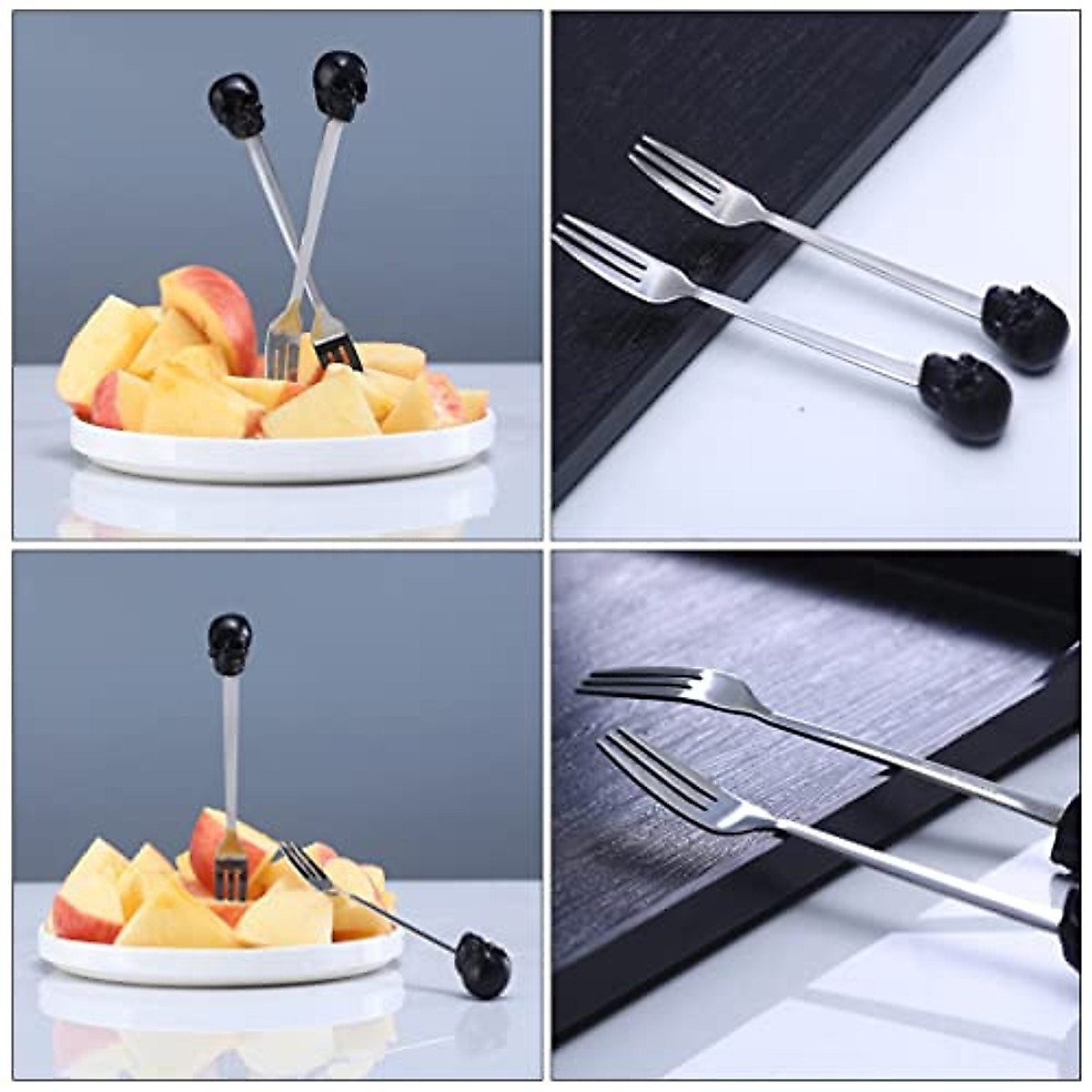 Hemoton 2pcs Salad Fruit Fork Stainless Steel Food Picks Metal Appetizer Sticks Western Salad Forks Black Outfit Dessert Three Prong Forks Black Metal Mixed Fruit Resin Skull Set