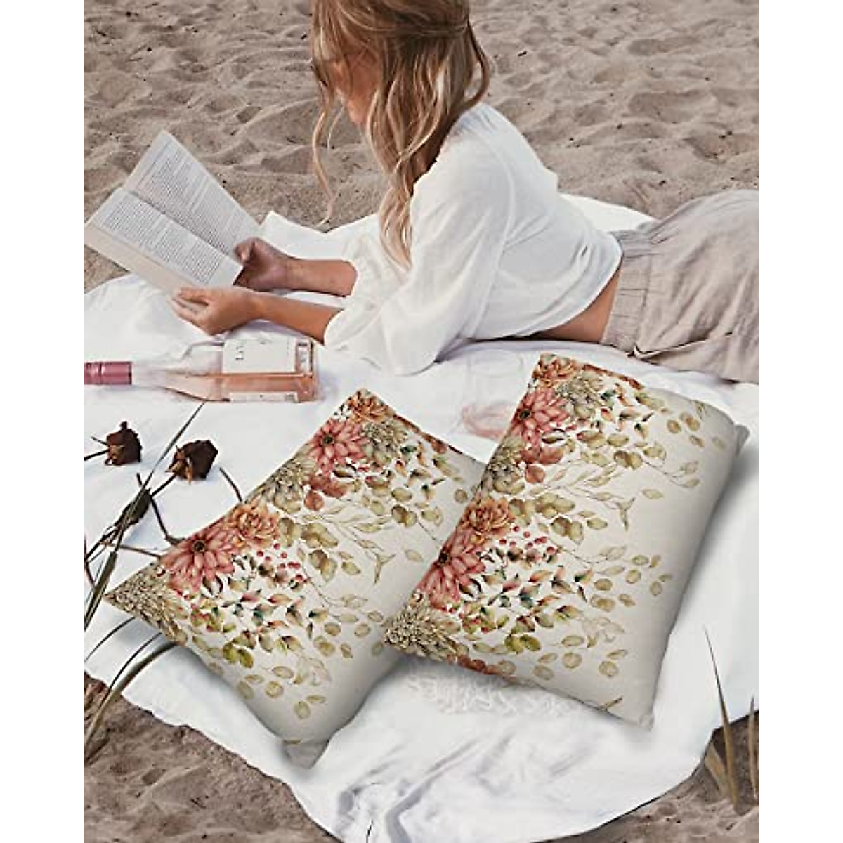 Outdoor Pillow Covers for Patio Furniture 20x12 inch 2PCS, Rectangle Waterproof Garden Cushion Vintage Eucalyptus Leaves Dahlia Farmhouse Throw Pillow Cover Shell for Sofa Couch Bench Seat