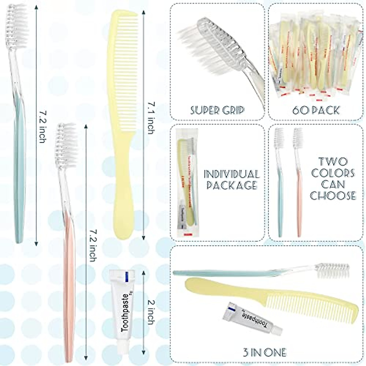 Disposable Toothbrushes with Toothpaste and Comb 3 in One Individually Wrapped 2 Colors Travel Toothbrushes Bulk for Hotels Homestays Charities Shelters Nursing Homes Homeless (60)