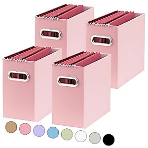 Oterri File Organizer, 4 Packs Small Storage Box, Cardboard File Folder Organizer, Collapsible File Box, Hanging File Organizer for Letter Size, Portable File Box with Handle, Only Box（Pink）
