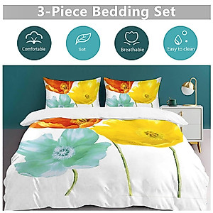 FELENIW Microfiber Duvet Cover Set 3D Printed Poppy Flowers Decorative 3 Pieces Bedding Duvet Cover Sets Comforter Cover Set with 2 Pillow Shams (US Full, Poppy Flowers)