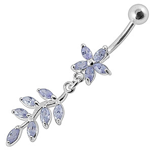 Lavender CZ Crystal Stone Daisy Flower with Floral Leaf Dangling 925 Sterling Silver Belly Ring Body Jewelry
