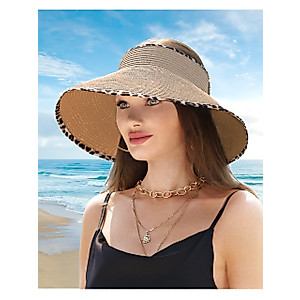 LA CARRIE Wide Brim UV Protection Sun Hats for Women with Leopard Trim Straw Roll Up Beach Visor Hat UPF 50+(Khaki with Leopard)