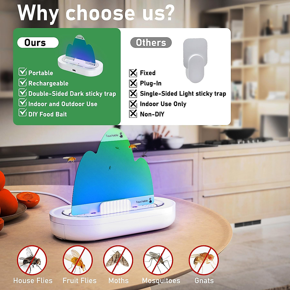 Portable Cordless Double-Sided Fly Trap,Mosquito Trap Outdoor,Fly Repellent,Multi-Effect Indoor Bug Zapper with Bait Box for Fruit Flies,Gnats,Mosquitoes,Moths,for Gardens,Patios,Lawns,Camping