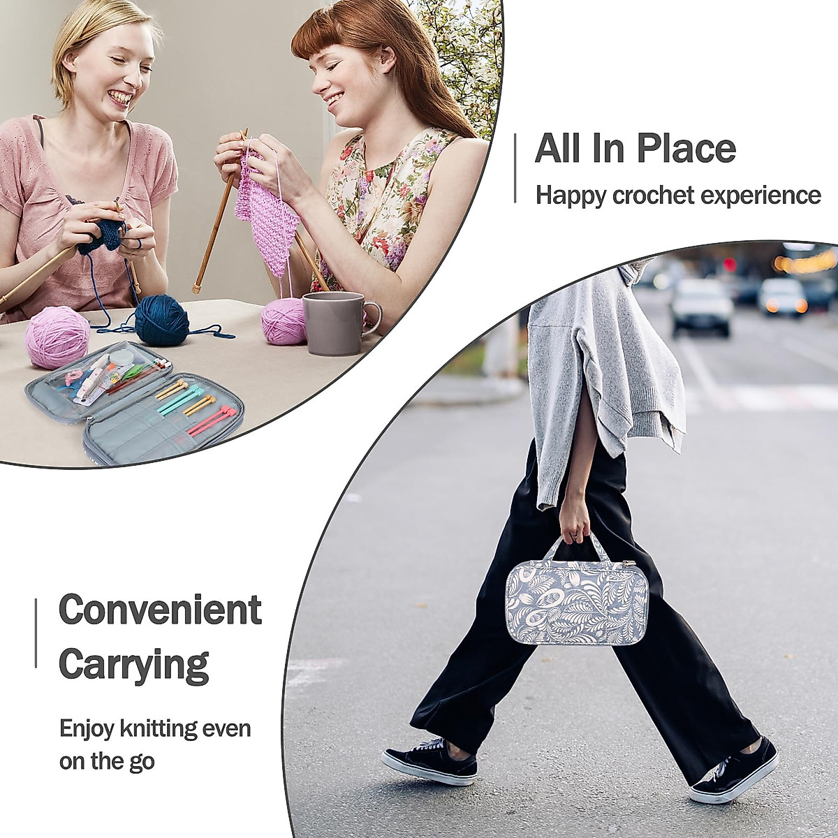 Katech Empty Knitting Needles Case Portable Travel Crochet Hooks Case Zipper Storage Bag Organizer with Transparent Pocket and Holder Slots for Carrying Knitting Needles and Crochet Accessories (Grey)