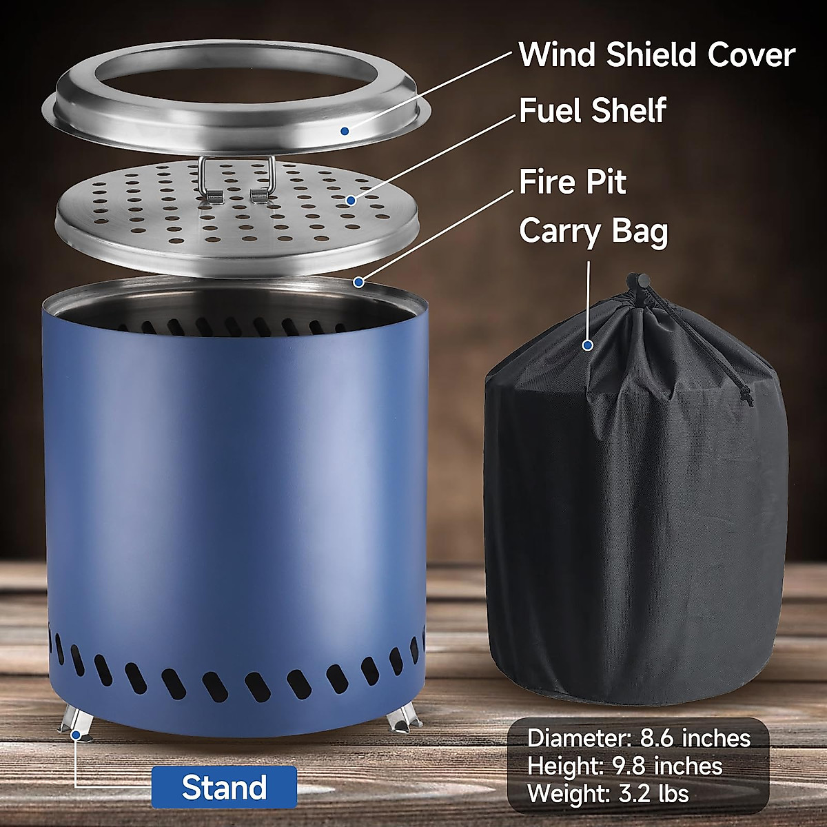 AVKENOEDY Tabletop Fire Pit with Stand, 9.8" H x 8.6" D Smokeless Portable Mini Fire pit for Indoor & Outdoor, Fueled by Pellets/Wood, Safe Burning, Stainless Steel, with Travel Bag, 3.2lbs, Navy Blue