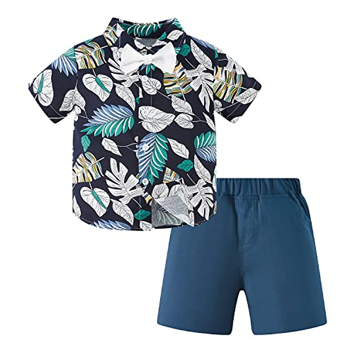 Yruiz Toddler Boy Hawaiian Outfit Set Baby Summer Floral Shirt with Bow-tie+Short Pants (Blue, 6-12 Months)