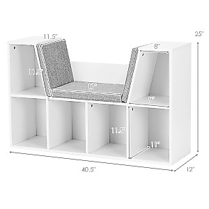 HONEY JOY Reading Nook Organizer with Seat Cushion, Kids Bookcase with Reading Nook, 6-Cubby Wooden Corner Storage Shelf Book Nook for Playroom Bedroom Decor (White)