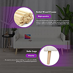 TYBOATLE 57“ W Mid-Century Striped PU Leather Loveseat Sofa w/ 2 USB Charging Ports, Modern Love Seats Couch w/Pillow for Small Space, Living Room, Office, Apartment, Dorm (White)