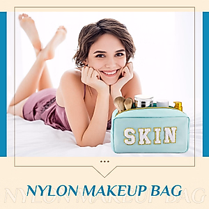 4 Pcs Preppy Makeup Bag Chenille Letter Nylon Cosmetic Bag Makeup Bag Toiletry Cosmetic Case Preppy Bag with Zipper Stuff Bag Cosmetic Pouch Makeup Pouch for Women Teen Girl (Pastel Colors)