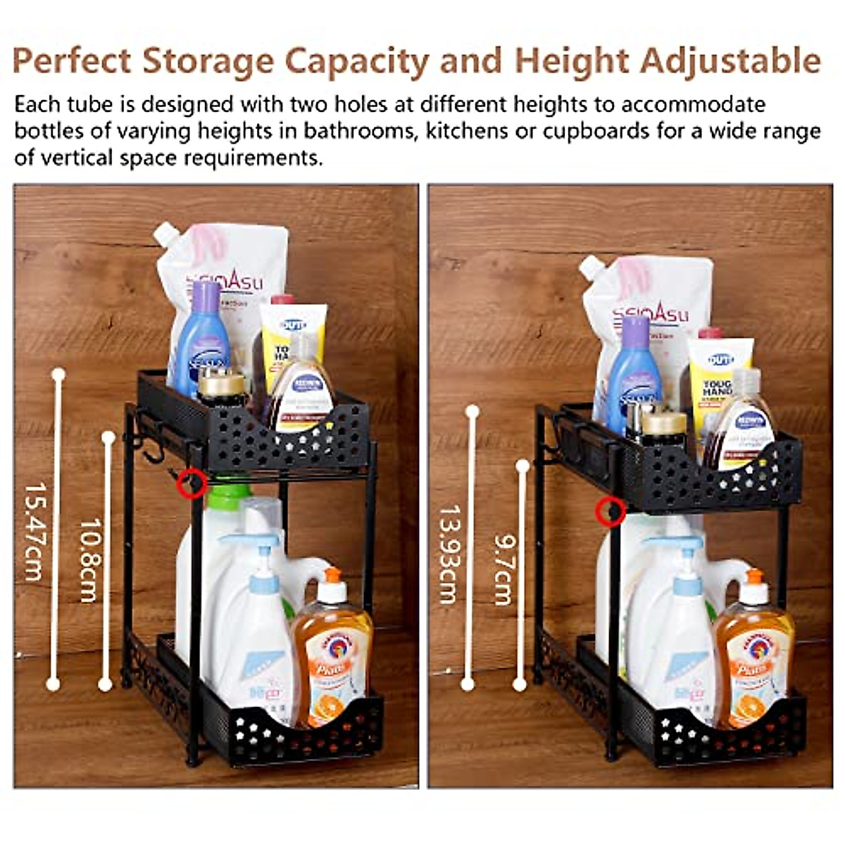 1 Pack Metal Under Sink Organizers and Storage - 2 Tier Bathroom Under Sink Organizers with Sliding Drawer Storage Kitchen Adjustable Under Sink Cabinet Organizer Sliding Countertop with Wheels,Hooks