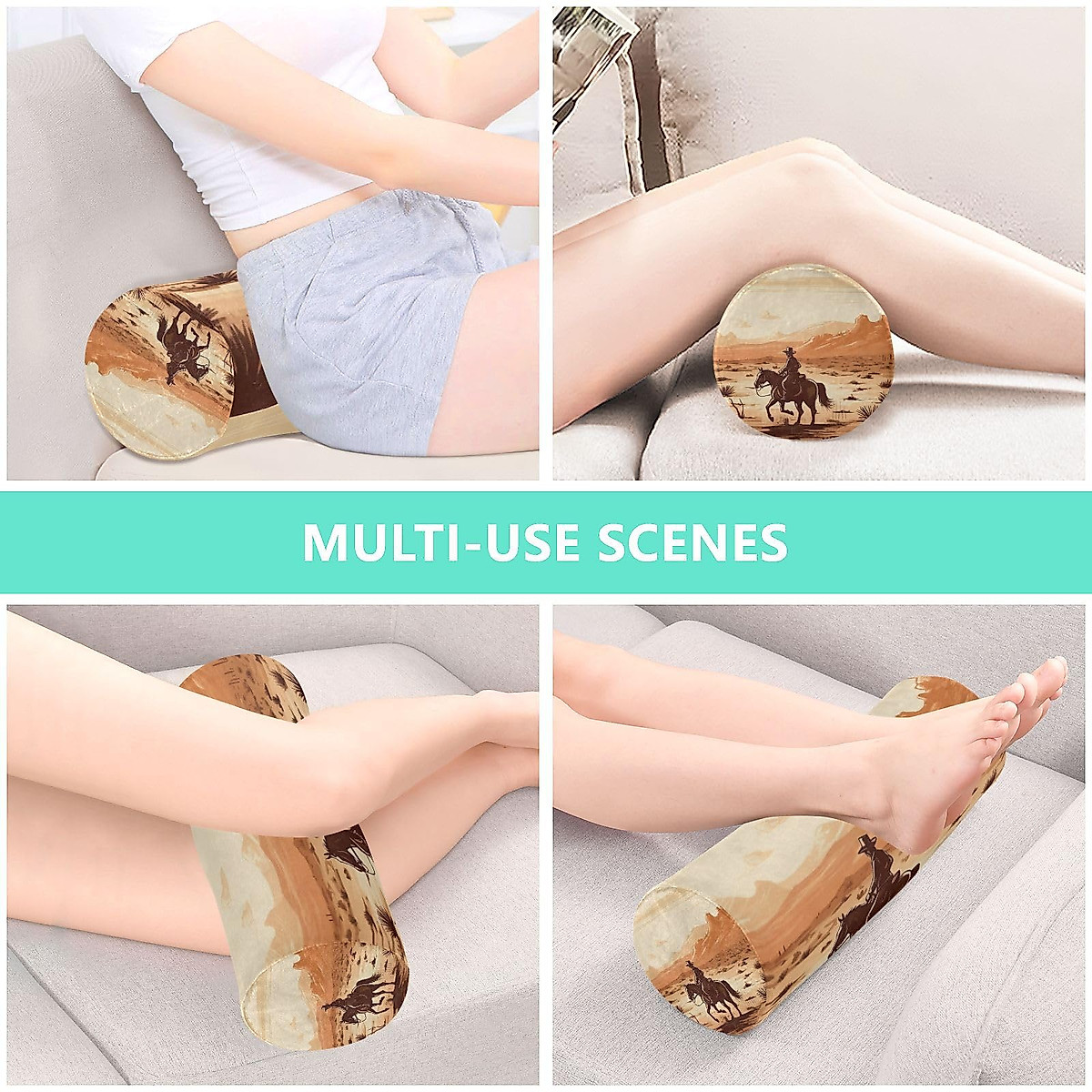 xigua Western Cowboy Neck Roll Pillow for Neck Relief with Removable Washable Cover - Memory Foam Round Cylinder Bolster, Ergonomically Designed for Head, Neck, Back, and Legs