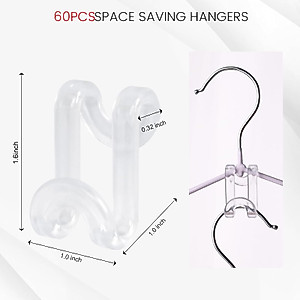 HAKDAY 60PCS Clear Clothes Hanger Connector Hooks, Heavy Duty Space Saving Hooks Hanger Connectors for Velvet Hangers Wooden Hangers Closet Organizer
