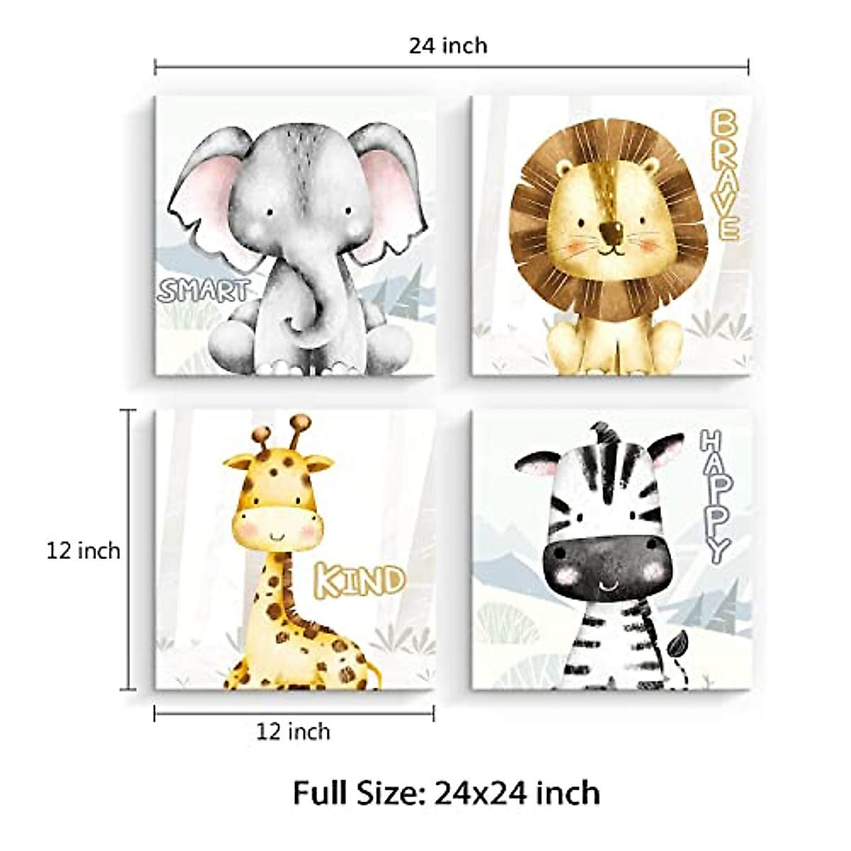 Creoate Kids Room Decor Wall Art, 4 Pieces Cute Animal Picture with Inspirational Quotes Canvas Print Artwork Framed Set Adorable Nursery Wall Art for Kid Baby Child Room (12x12 Inch x4pcs)