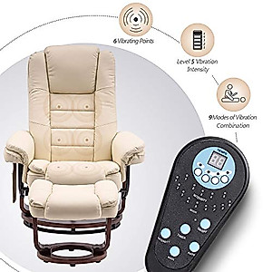 MCombo Recliner with Ottoman Chair Accent Recliner Chair with Vibration Massage, Removable Lumbar Pillow, 360 Degree Swivel Wood Base, Faux Leather 9096 (Cream White)