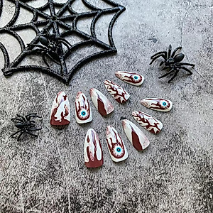 24 Pcs Halloween Press on Nails Almond White Fake Nails Blood stains and Terror Eyeballs Designs Full Cover False Nails with Glossy Stick on Nails for Women