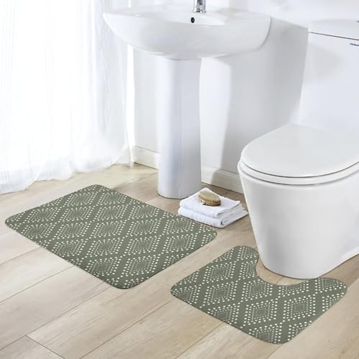 Bathroom Rug Set 2 Piece Decorative Diamonds Boho Sage Green Bath Rugs and U-Shaped Contour Toilet Rug, Non-Slip Bath Carpet Bath Mats for Bathroom 15.7"x23.6"