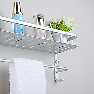 Chrasy Modern Double Layer Towel Bar, Wall Mount Bathroom Storage Shelves and One Towel Bar and 2 Hooks, Aluminum Towel Holders, Shower Towel Rack, Bath/Kitchen Storage Shelf -15.7in
